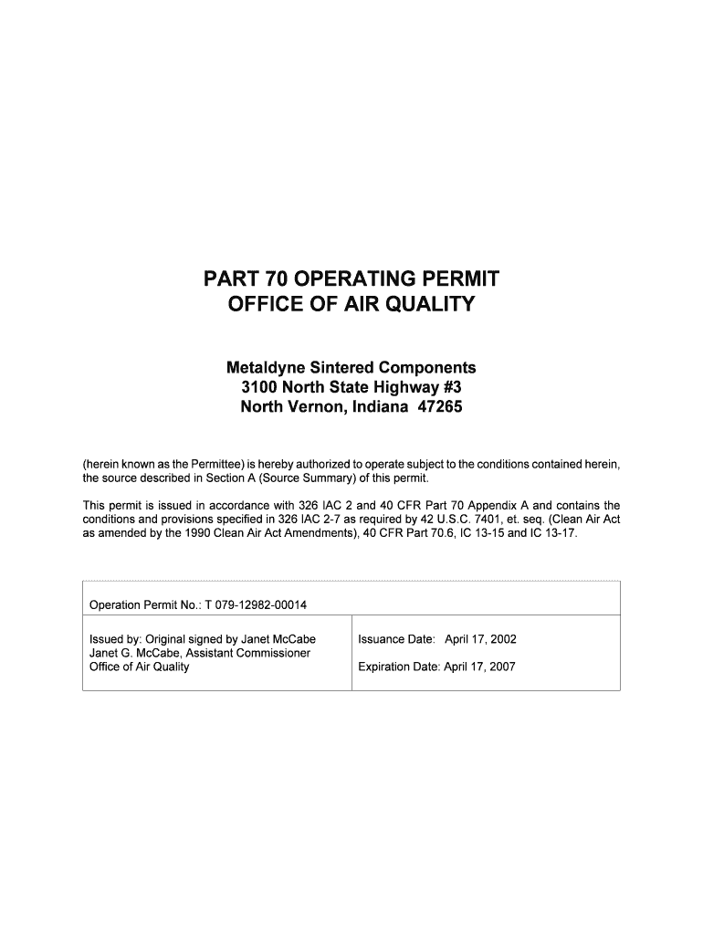 Fillable Online permits air idem in Part 70 operating permit office of ...