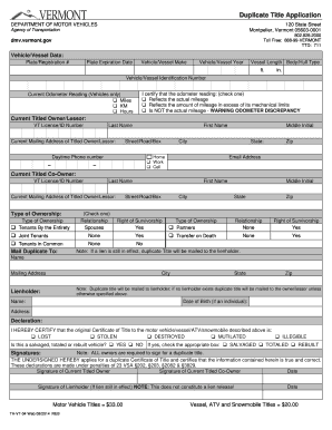 Fillable Online dmv vermont Duplicate Title Application - Vermont ...