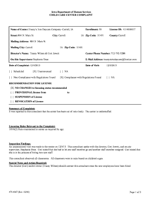 Fillable Online dhs iowa Name of Center Tracey's Tots Daycare Company ...