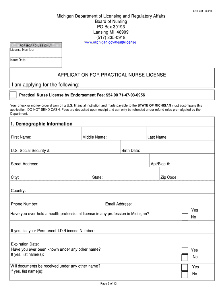 Fillable Online michigan gov/healthlicense Page 1 of 13 LICENSED ...