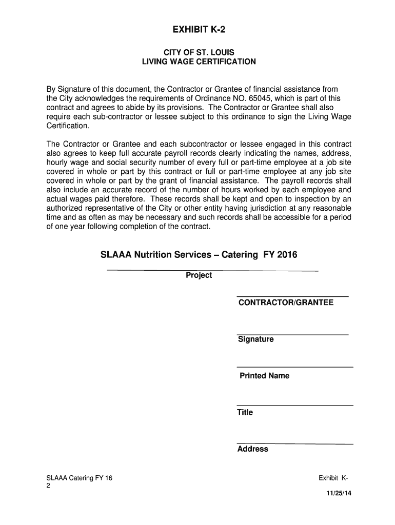 Fillable Online stlouis-mo Exhibit K2 - Living Wage2 Signature sheetdoc Fax Email Print - pdfFiller