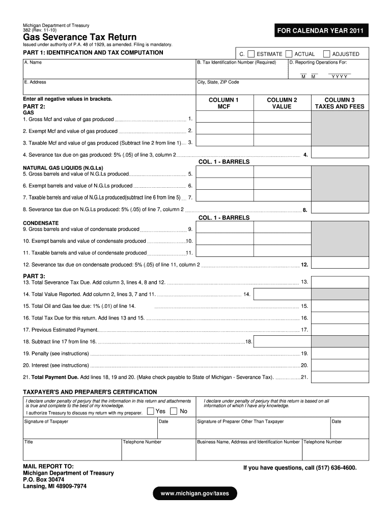 Fillable Online michigan 2011 Gas Severance Tax Return - Form 382 Fax ...