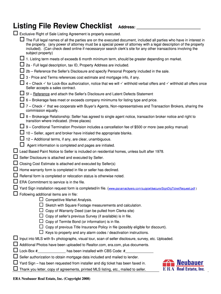 Fillable Online Listing Review Checklist - ERA Neubauer Real Estate Inc ...