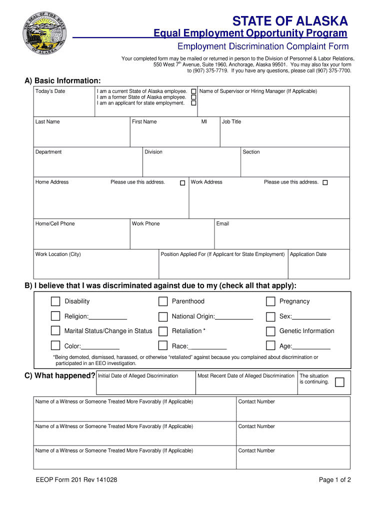 Fillable Online doa alaska Employment Discrimination Complaint Form ...