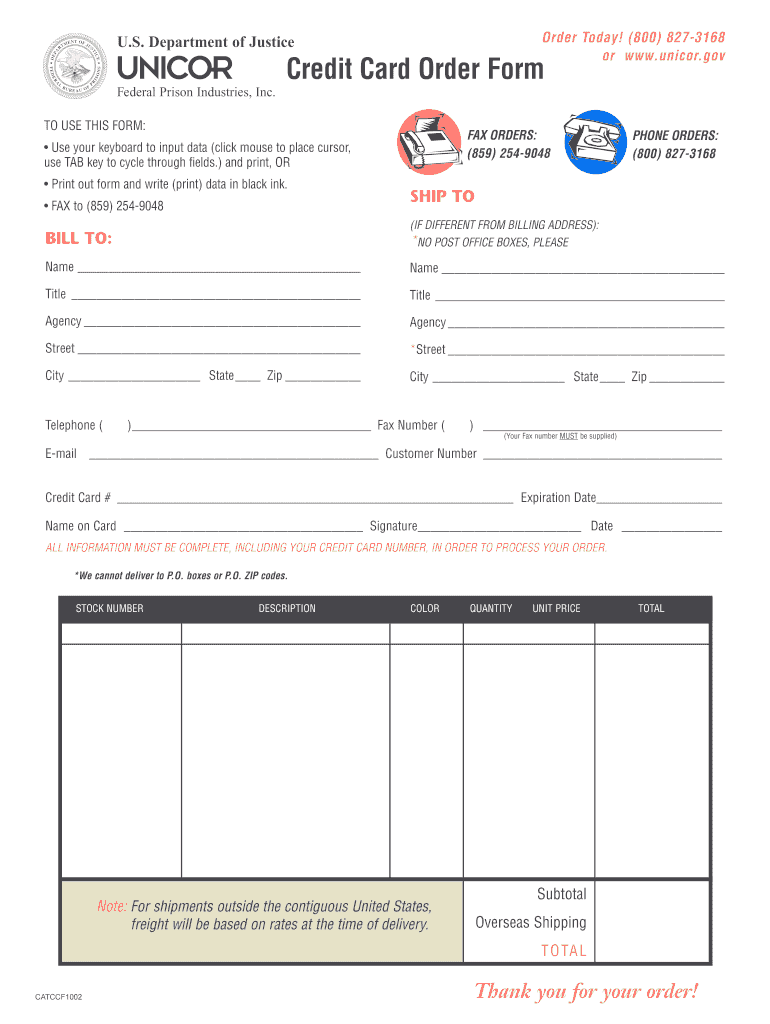 Fillable Online unicor UNICOR Credit Card Order form - CATCCF1002C ...