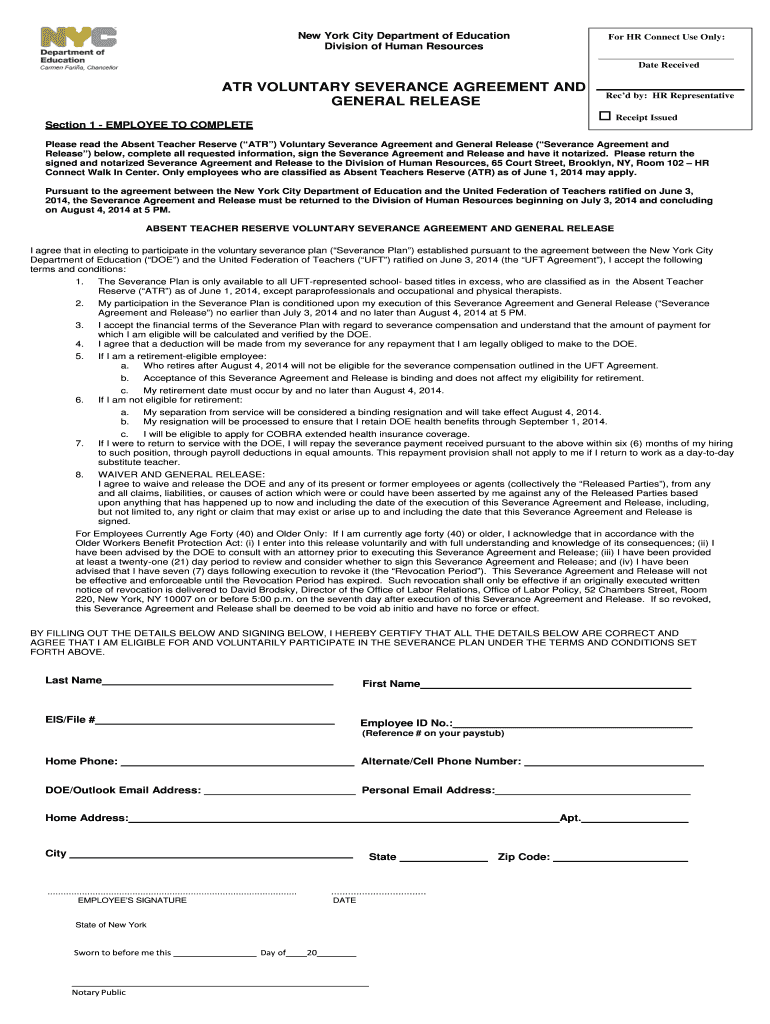 Fillable Online schools nyc ATR Voluntary Severance Agreement and ...