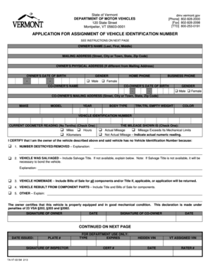 Fillable Online dmv vermont Assignment of Vehicle Identification Number ...