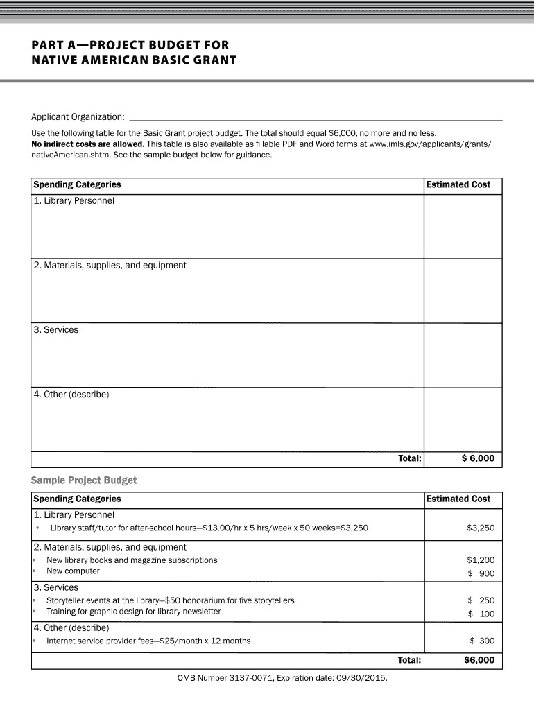 Fillable Online imls Part a project budget for native american basic grant Fax Email Print ...