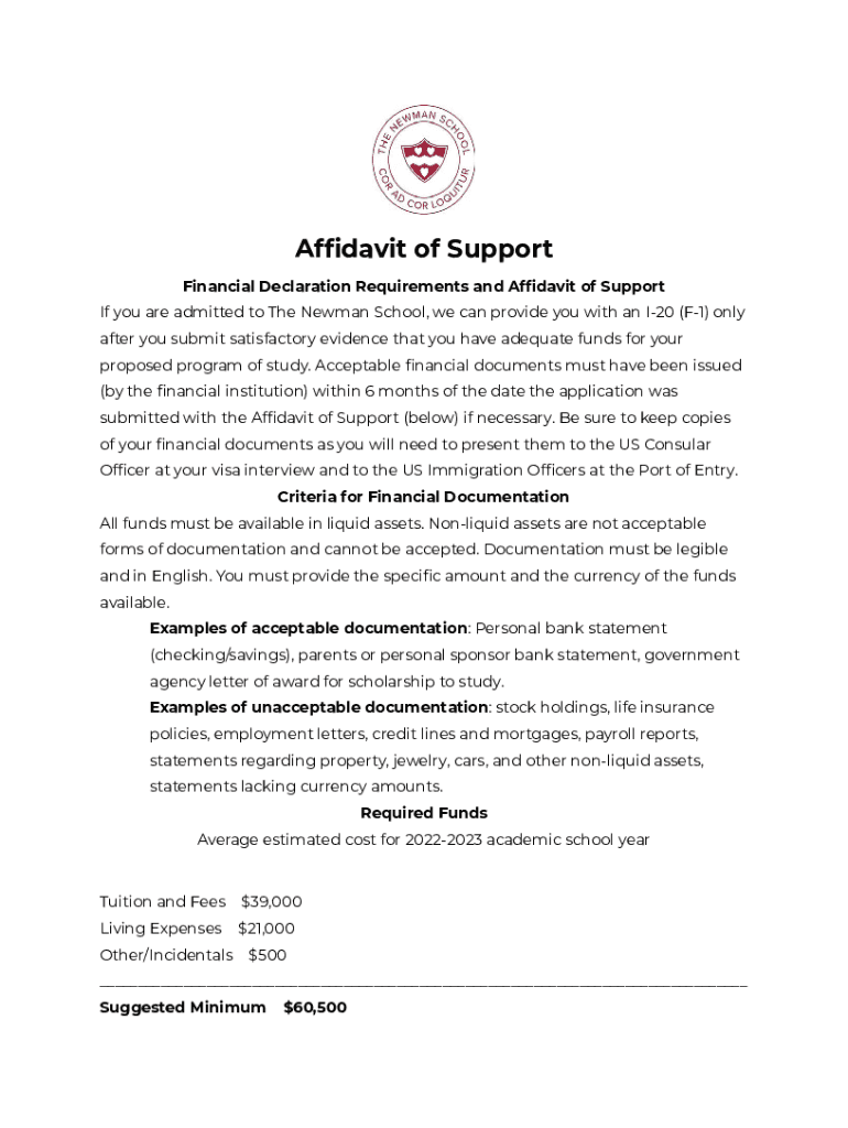 Fillable Online Affidavit of Support - The Newman School Fax Email ...