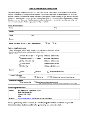 Fillable Online Timothy Project Sponsorship Form Fax Email Print ...