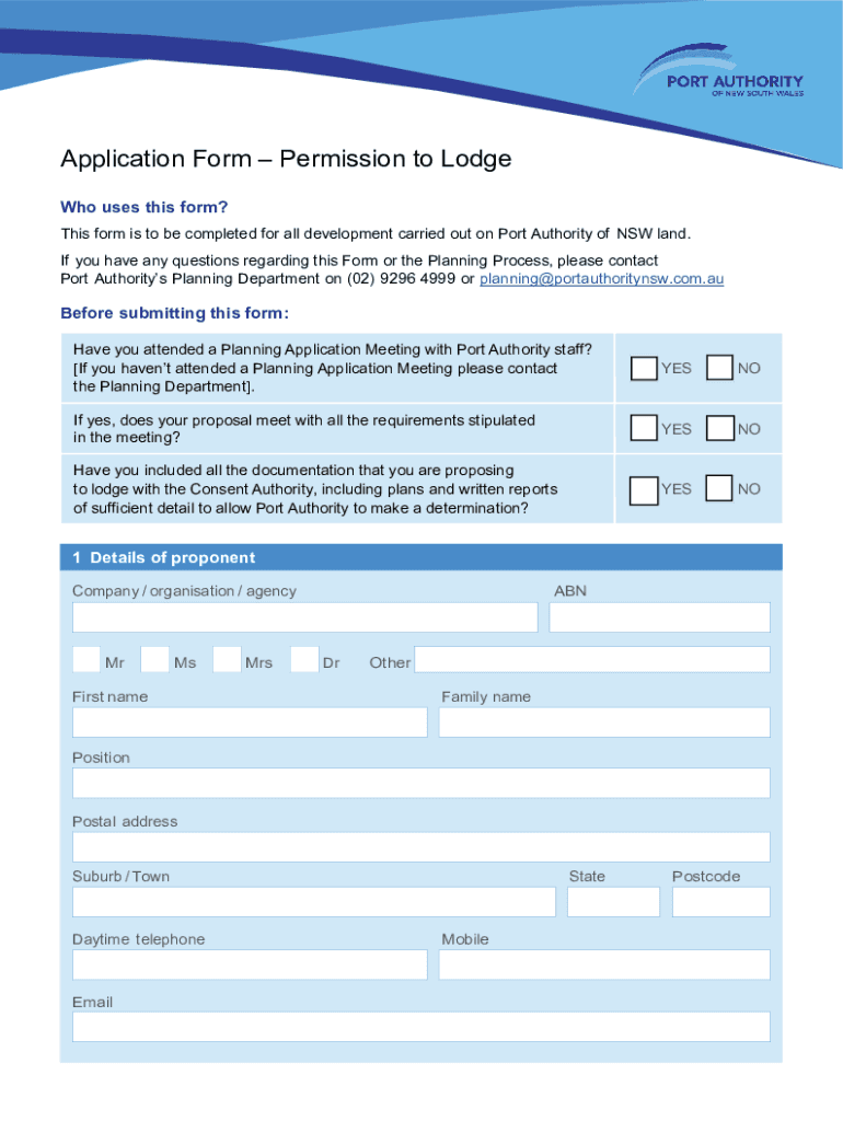Fillable Online Permission to Lodge - Application Form Fax Email Print ...