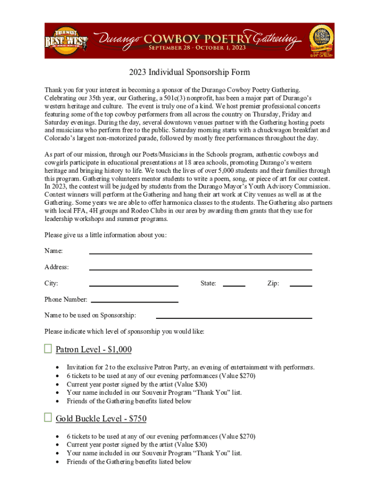 Fillable Online 2023 Individual Sponsorship Form Patron Level Fax Email ...