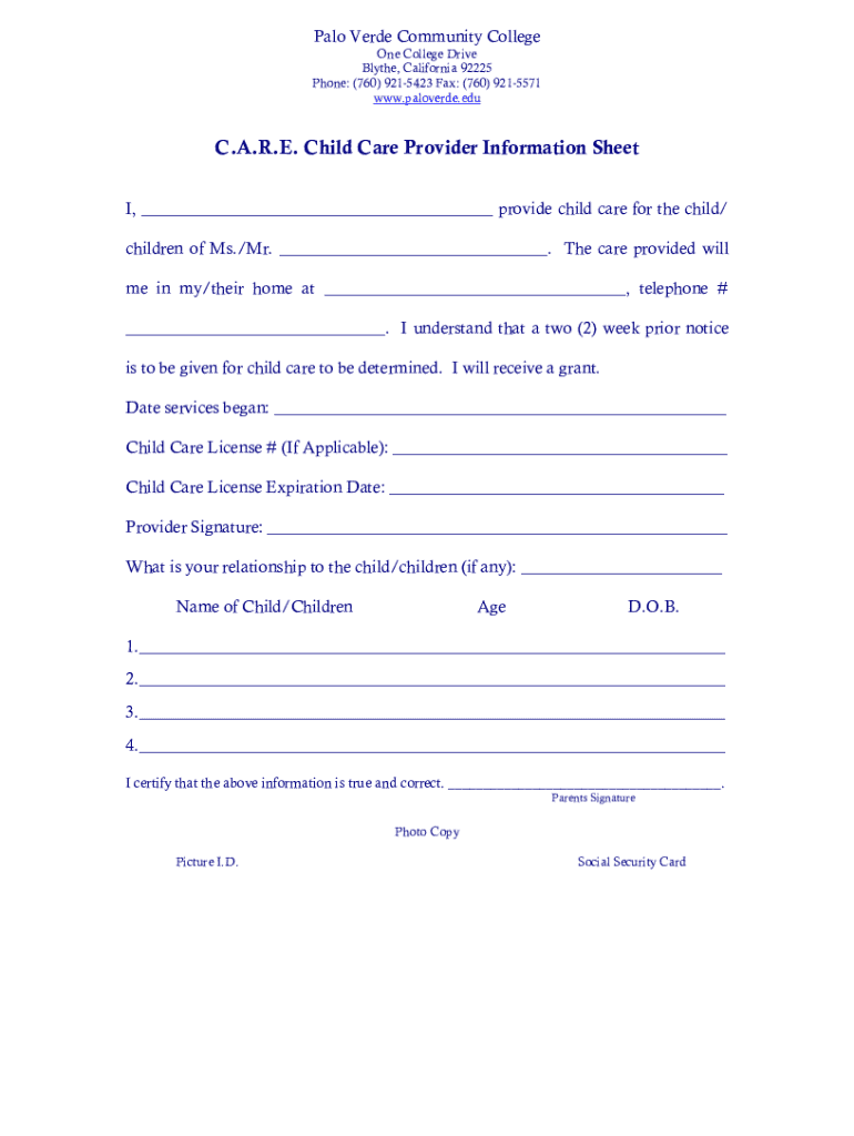 Fillable Online C.A.R.E. Child Care Provider Information Sheet Fax ...