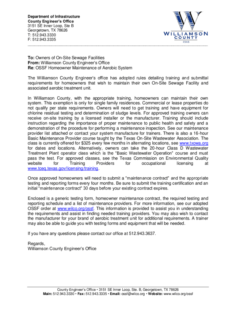 Fillable Online OSSF Homeowner Maintenance of Aerobic System Fax Email ...