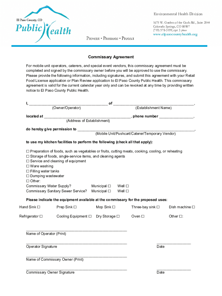 Fillable Online Environmental Health Division Commissary Agreement Fax ...