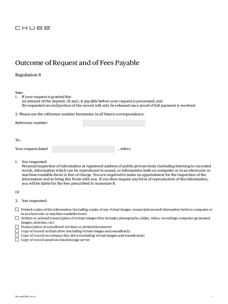 Fillable Online Chubb Form - Outcome of Request and of Fees Payable ...