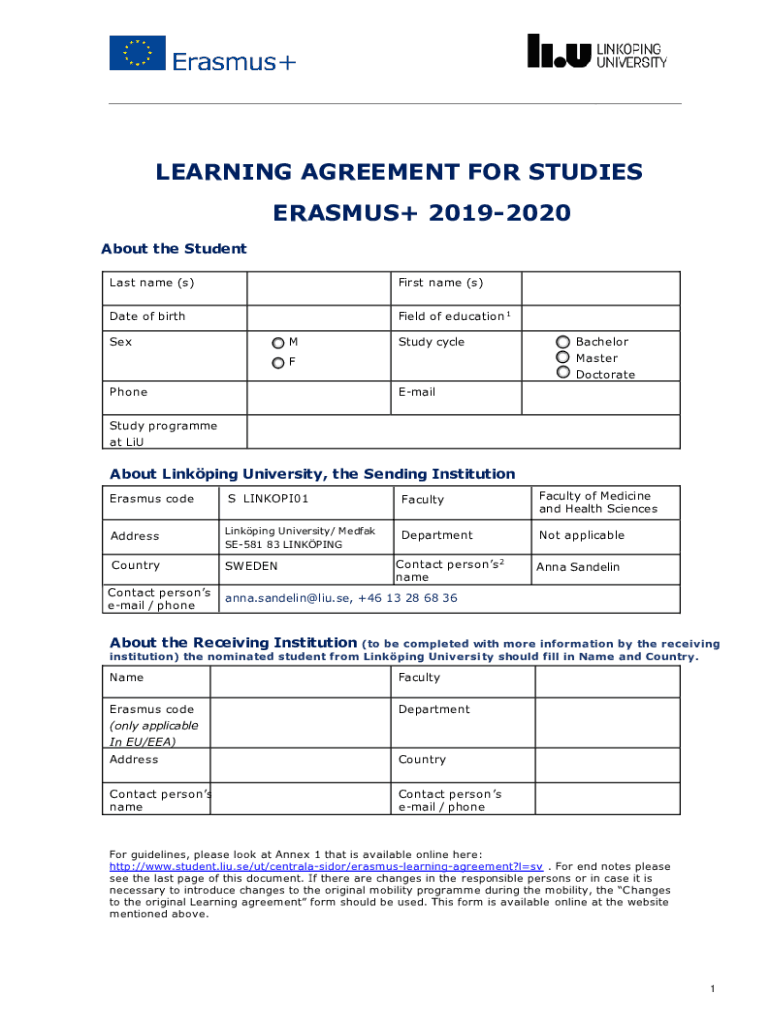 Fillable Online Erasmus+ Learning Agreement Student Mobility for ...