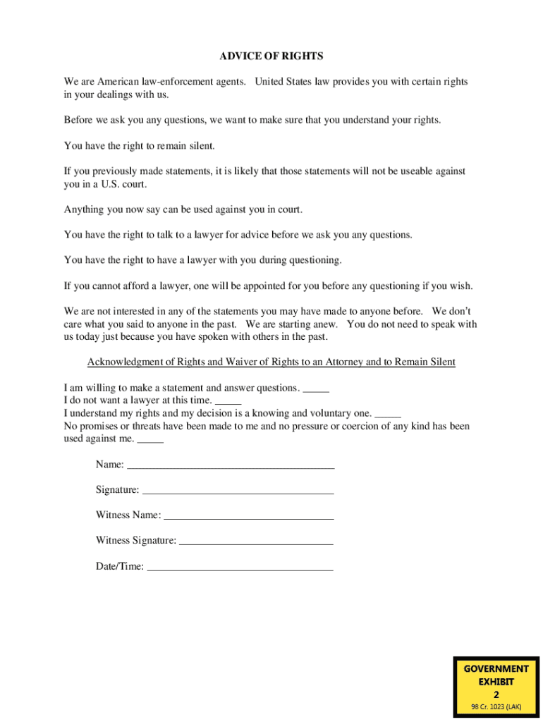 Fillable Online Advice of Rights Form Revised In Light of NSD Conmments ...