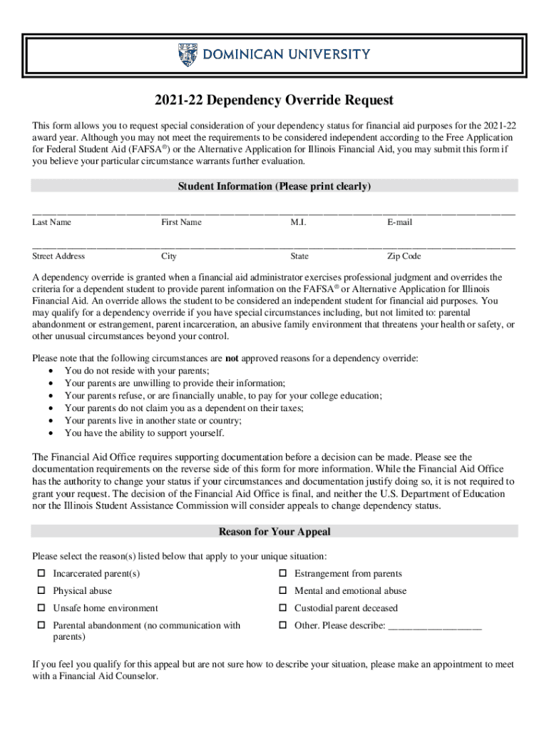Fillable Online 2021 22 Dependency Override Request Fax Email Print Pdffiller