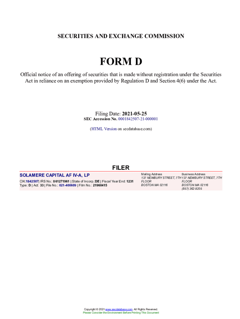 Fillable Online SOLAMERE CAPITAL AF IV-A, LP Form D Filed 2021-05-25 ...