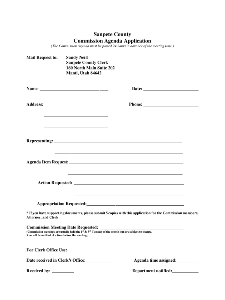 Fillable Online Sanpete County Employee Commission Agenda Application ...