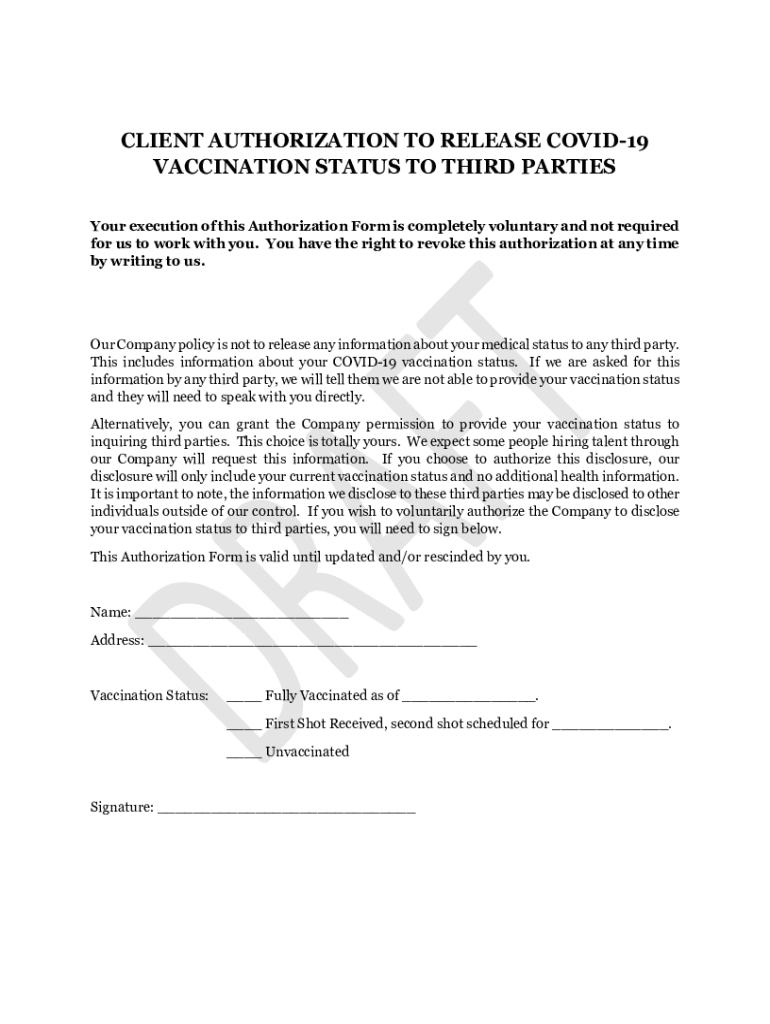 Fillable Online CLIENT AUTHORIZATION TO RELEASE COVID-19 ... Fax Email Print - pdfFiller