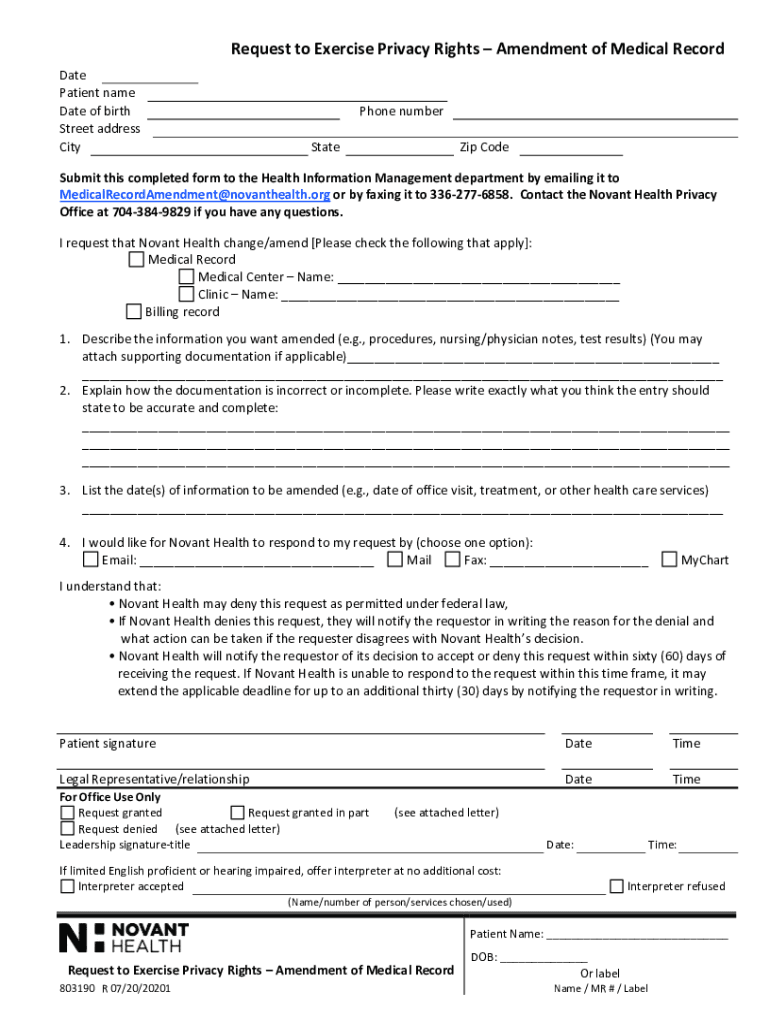 Fillable Online www2 novanthealth AMENDMENT REQUEST FORM Fax Email ...