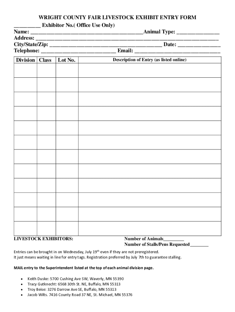 Fillable Online WRIGHT COUNTY FAIR LIVESTOCK EXHIBIT ENTRY FORM Fax ...