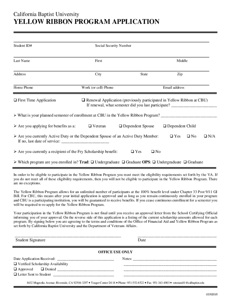 Fillable Online YELLOW RIBBON PROGRAM APPLICATION - Student ID Fax ...