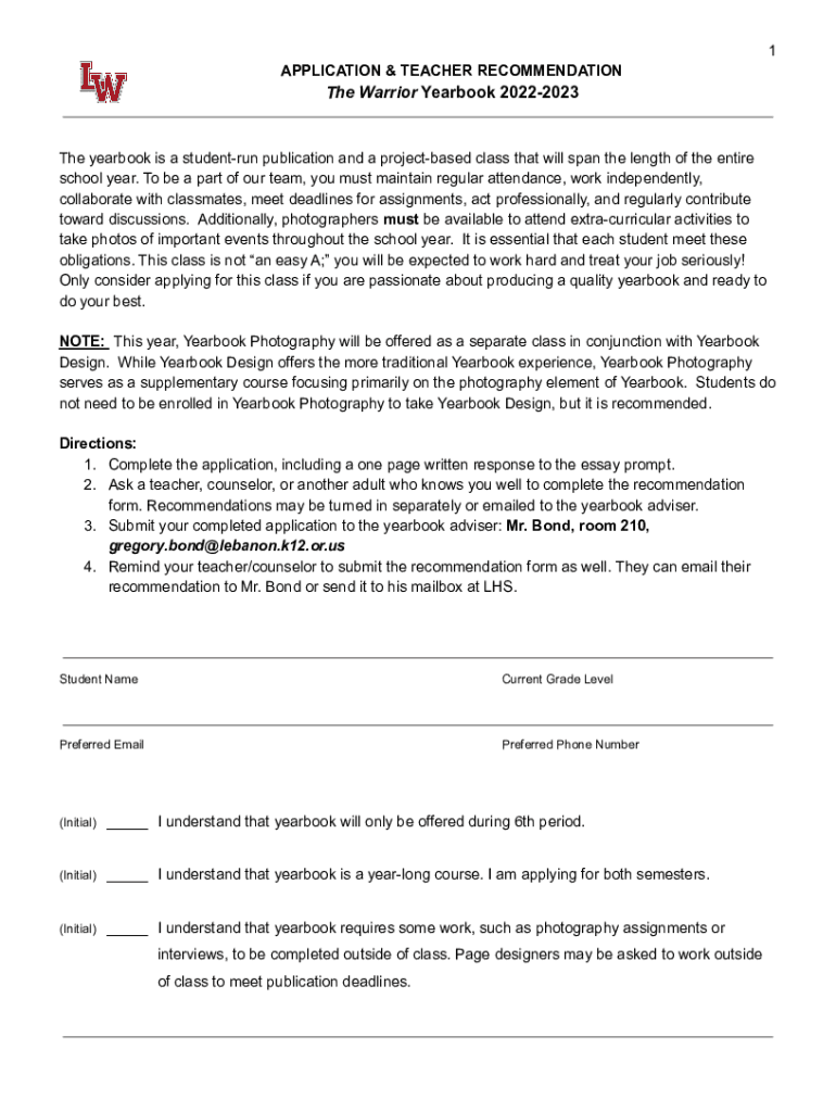 Fillable Online Yearbook Application and Teacher Recommendation for 22-23.docx Fax Email Print ...