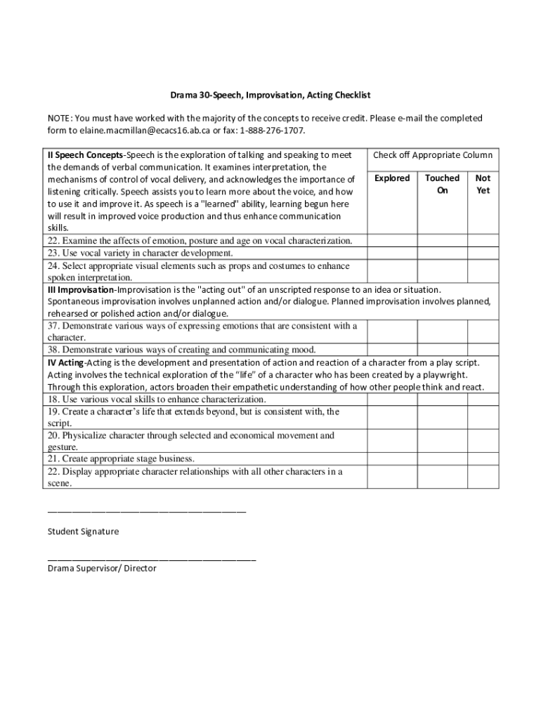 Fillable Online Drama 30-Speech, Improvisation, Acting Checklist NOTE Fax Email Print - pdfFiller