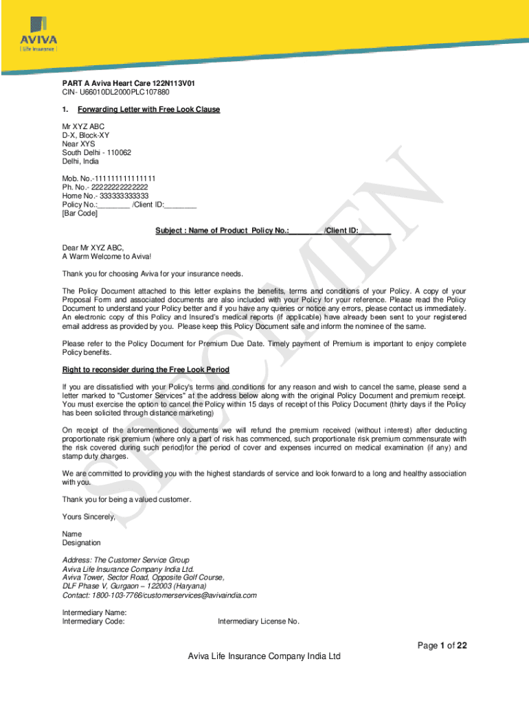 Fillable Online Get 1. Forwarding Letter With Free Look Clause - Aviva ...