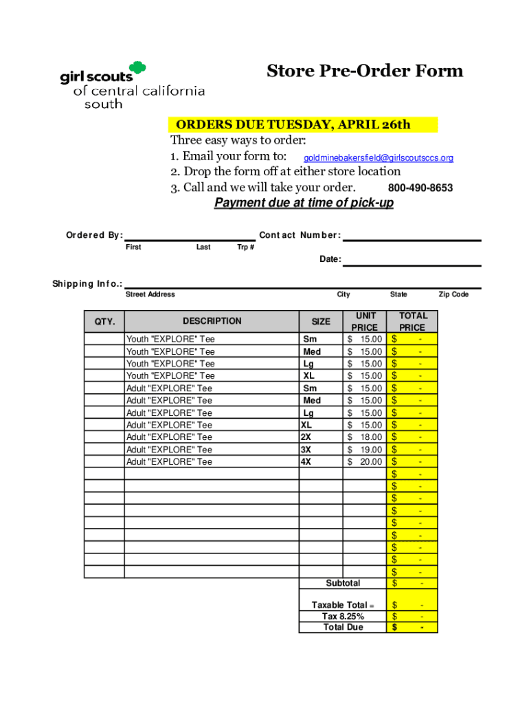 Fillable Online Store Pre-Order Form Fax Email Print - pdfFiller