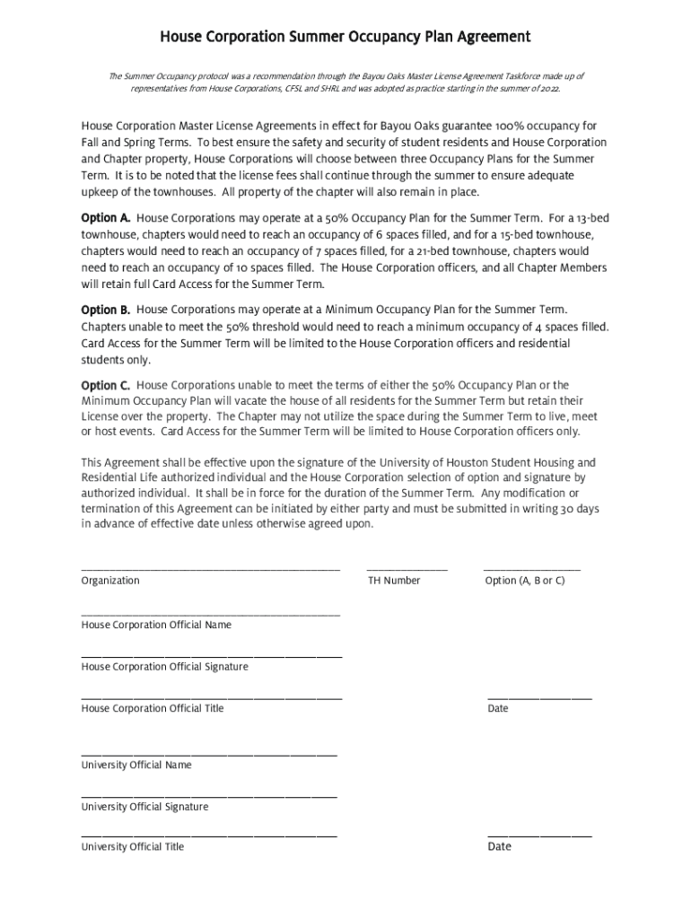 Fillable Online House Corporation Summer Occupancy Plan Agreement Fax ...