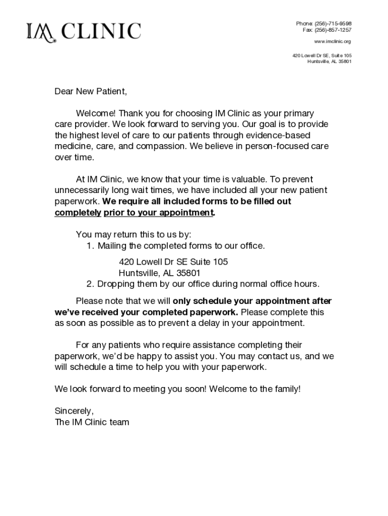 Fillable Online Dear New Patient, Welcome! Thank you for choosing IM ...