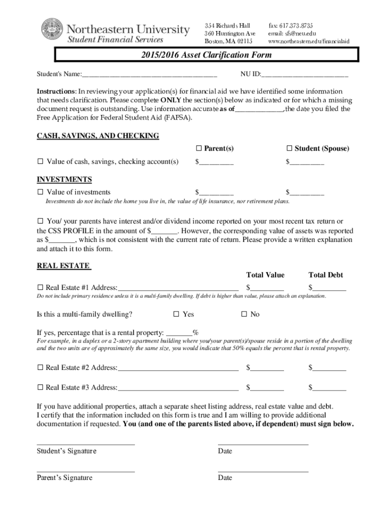 Fillable Online studentfinance northeastern Asset Clarification Form ...