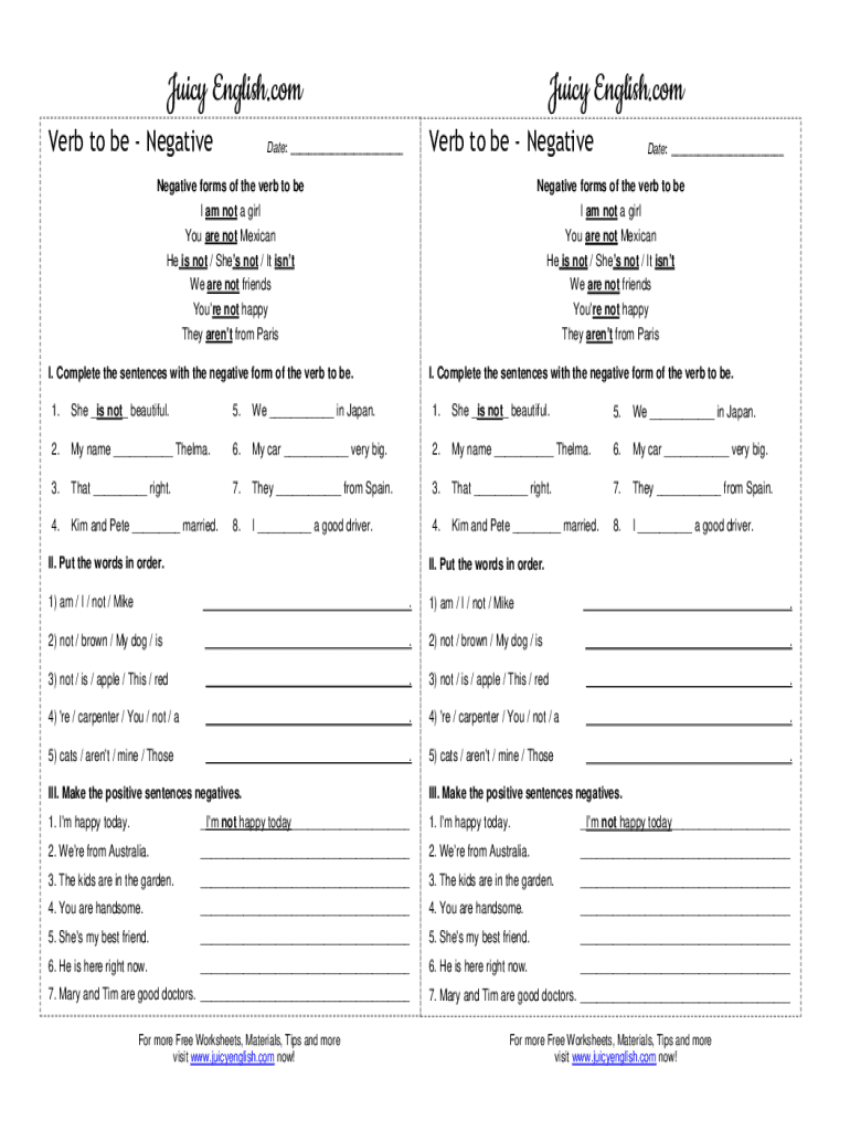 Fillable Online Verb to be Online exercise - Negative form Fax Email ...