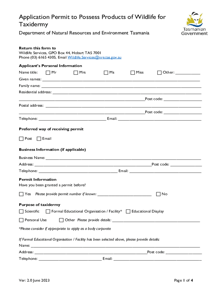 Fillable Online Application Permit to Possess Products of Wildlife for ...