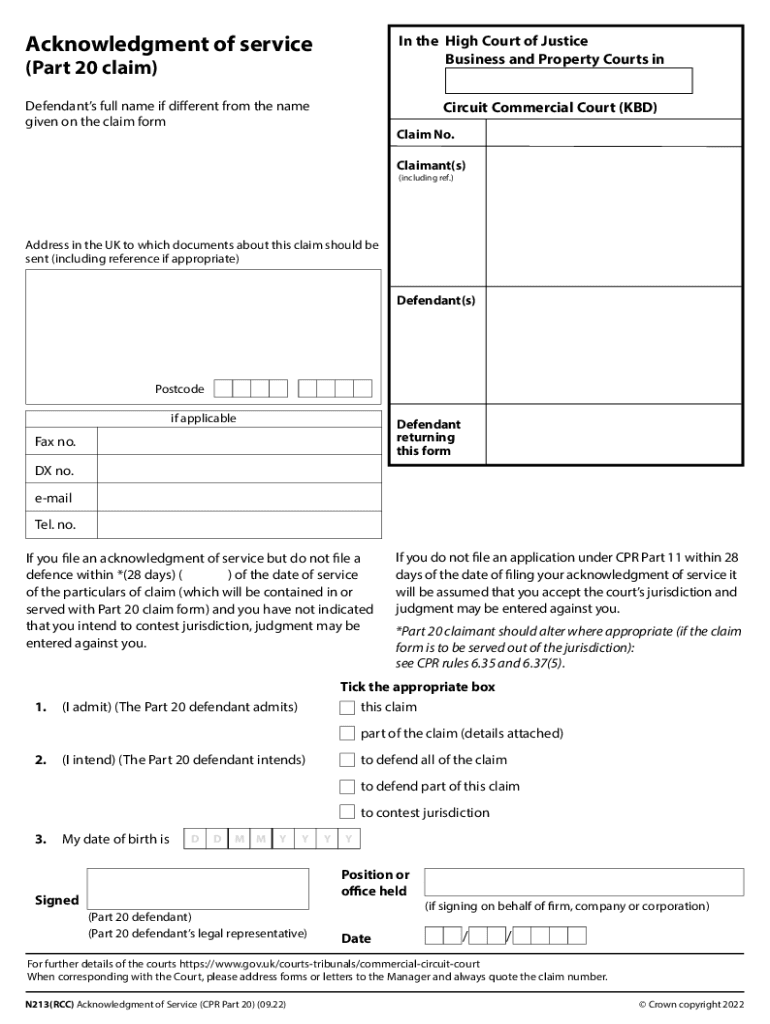 Fillable Online Acknowledge service of a claim in the Commercial Court ...