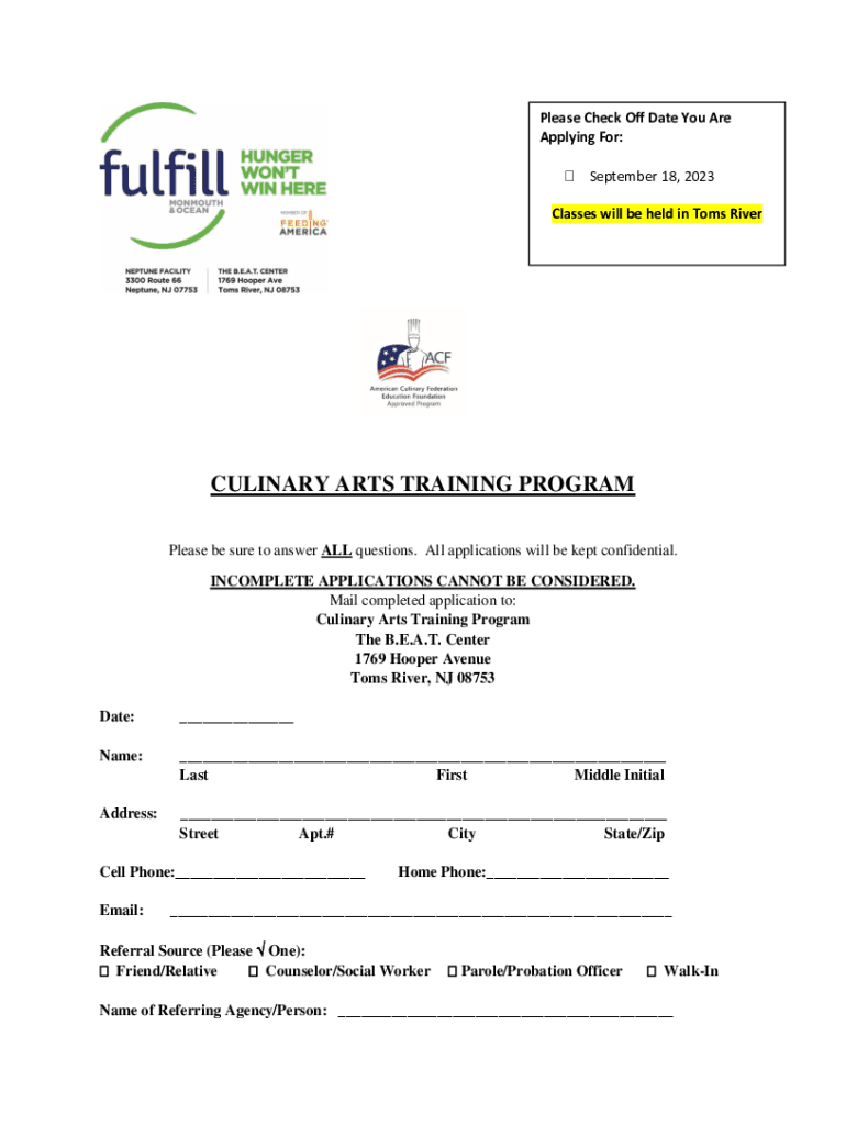 Fillable Online CULINARY ARTS TRAINING PROGRAM Fax Email Print - pdfFiller