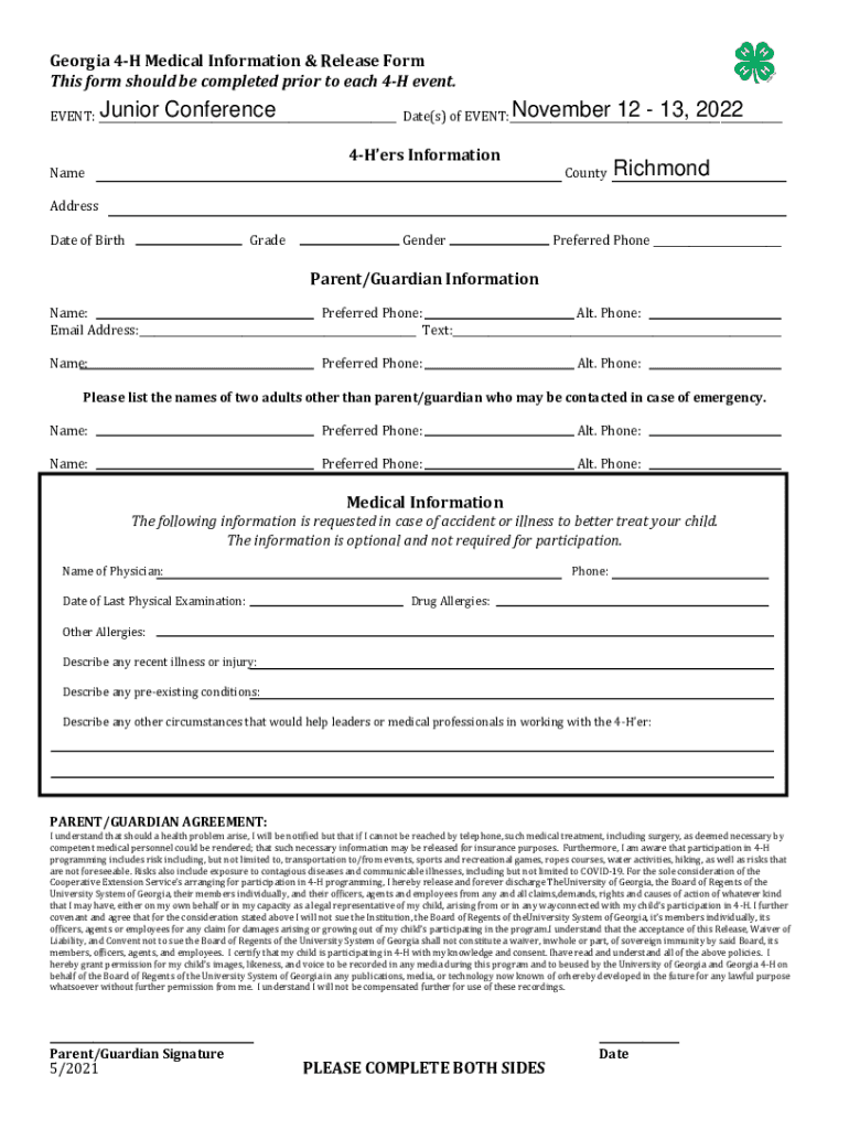 Fillable Online Georgia 4-H Medical Information & Release Form Fax Email Print - pdfFiller