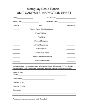 Fillable Online Mataguay Scout Ranch Unit Campsite Inspection Sheet Fax ...