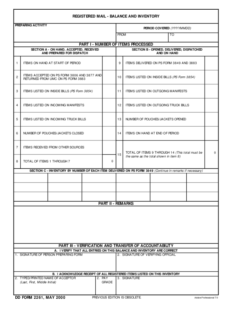 Fillable Online DD Form 2261, Registered Mail - Balance and Inventory ...