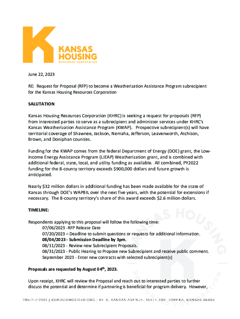 Fillable Online RE: Request for Proposal (RFP) to become a Weatherization Assistance Program ...