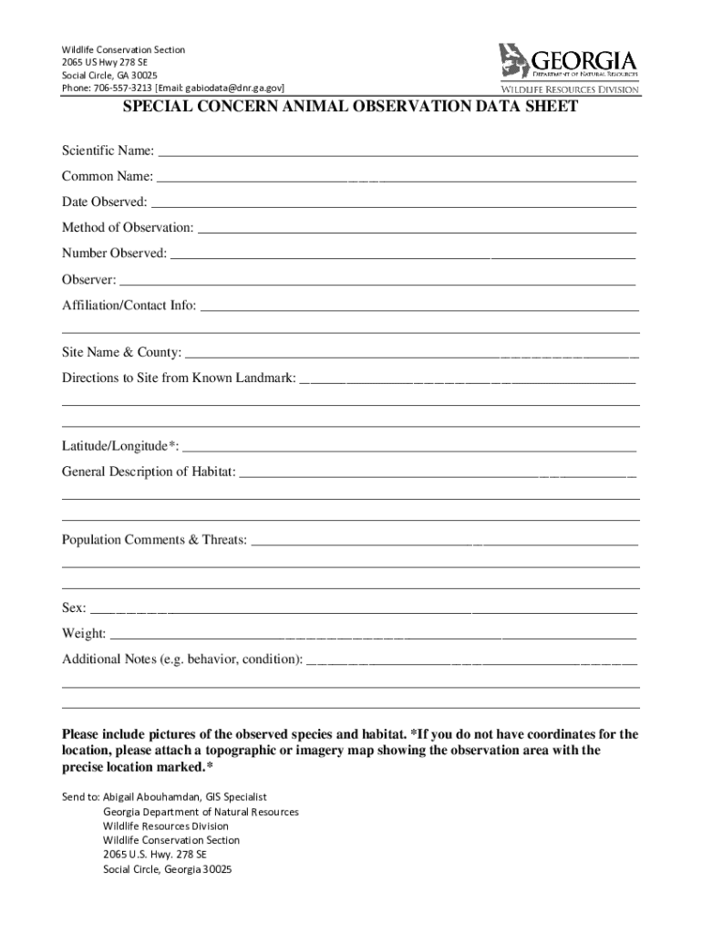 Fillable Online SPECIAL CONCERN ANIMAL OBSERVATION DATA SHEET Fax Email ...