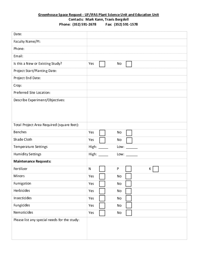 Fillable Online plantscienceunit ifas ufl Greenhouse Space Request - UF/IFAS Fax Email Print ...