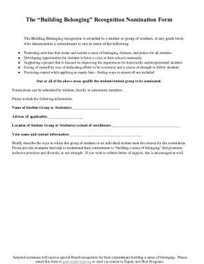 Fillable Online The Building Belonging Recognition Nomination Form Fax Email Print - pdfFiller