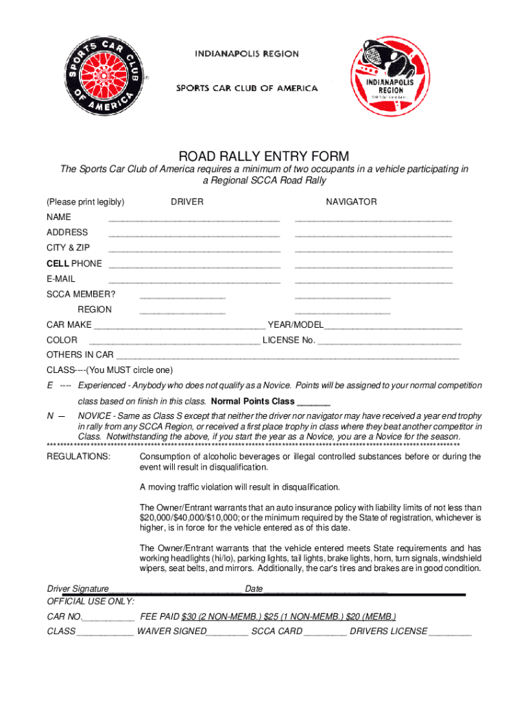 Fillable Online ROAD RALLY ENTRY FORM Fax Email Print - pdfFiller
