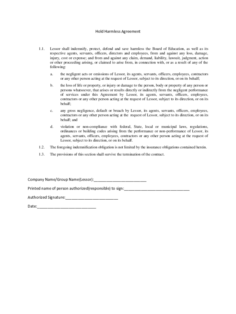 Fillable Online Indemnification And Hold Harmless Agreement Fax Email ...
