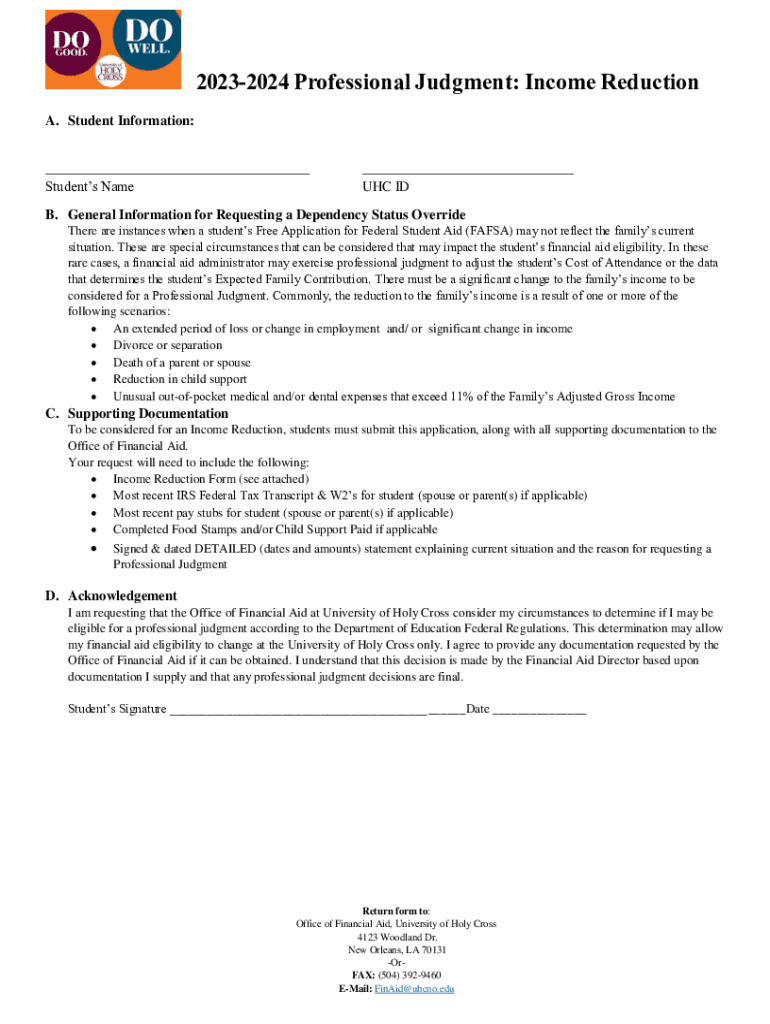 Fillable Online Professional Judgment / Special Circumstances ...